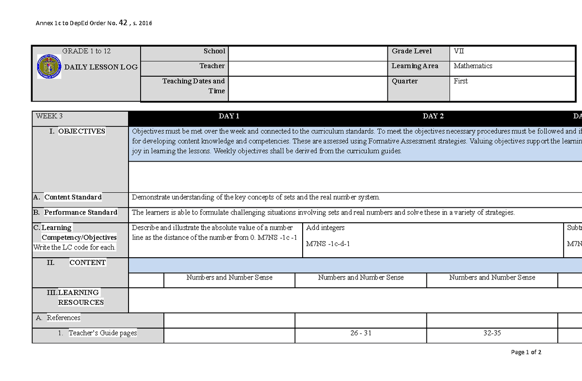 G7 Q1 WEEK 03 - Detailed lesson plan in Math 7 - GRADE 1 to 12 DAILY ...