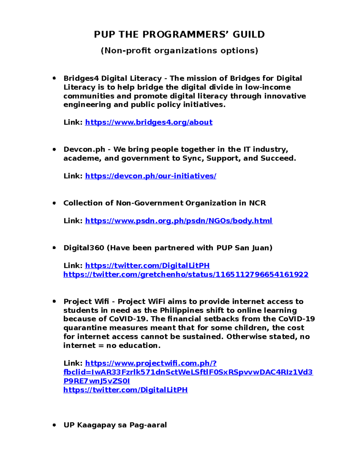 Non Profit Organization - PUP THE PROGRAMMERS’ GUILD (Non-profit organizations options) Bridges4 ...
