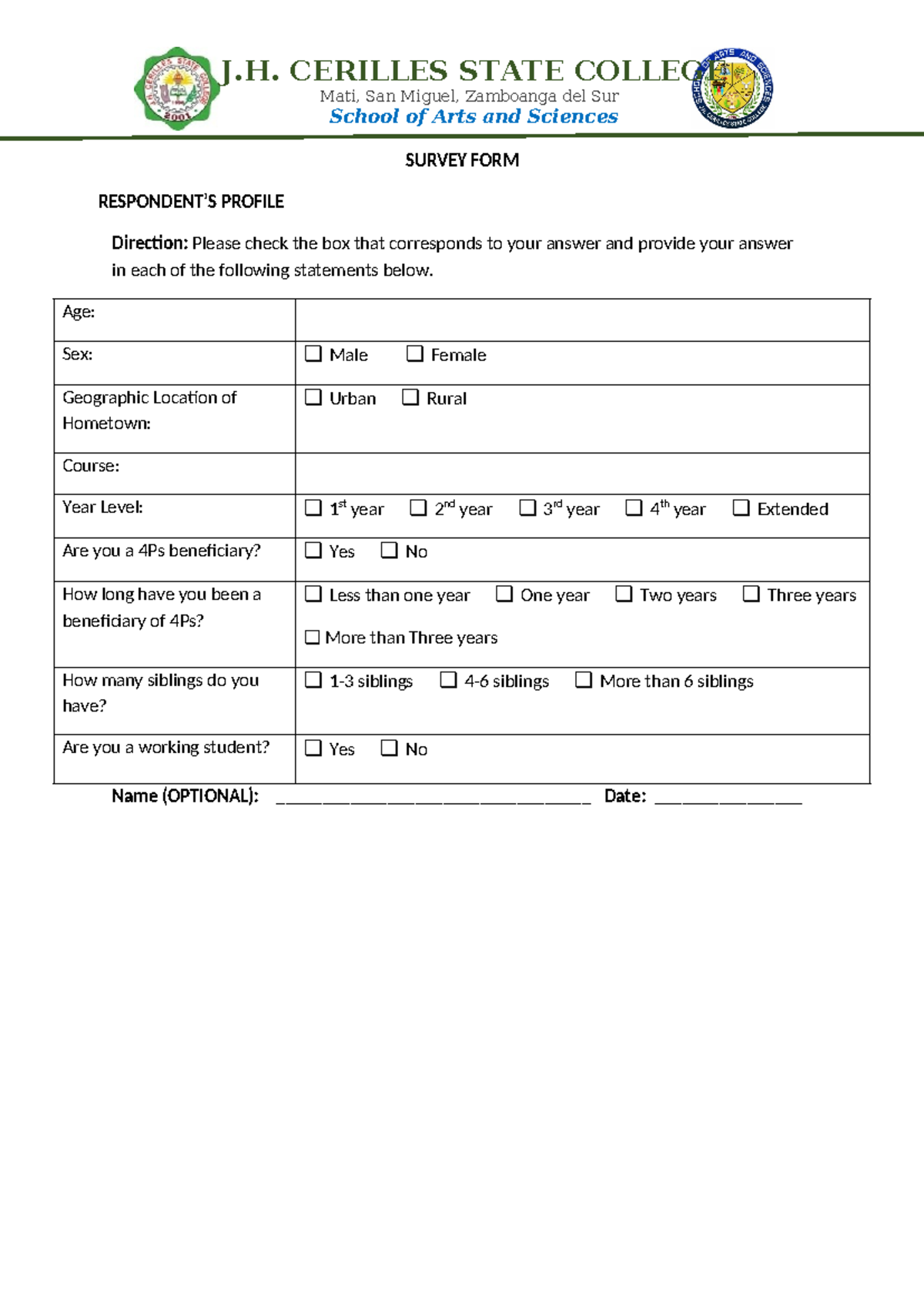 Survey FORM - J. CERILLES STATE COLLEGE Mati, San Miguel, Zamboanga del ...