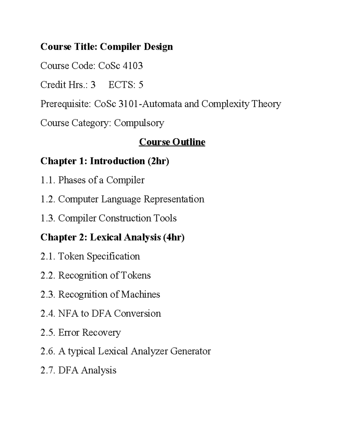 Compiler design cours outline - Course Title: Compiler Design Course ... Compiler design cours outline - Course Title: Compiler Design Course ...