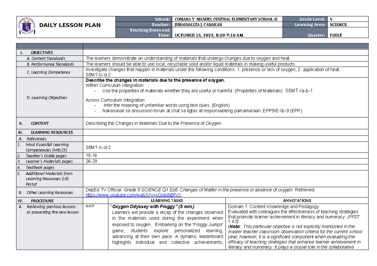 COT MAAM Juhai - SCIENCE 5 COT DLP Q1 - DAILY LESSON PLAN (DLP) School: COMARA T. MANUEL CENTRAL ...