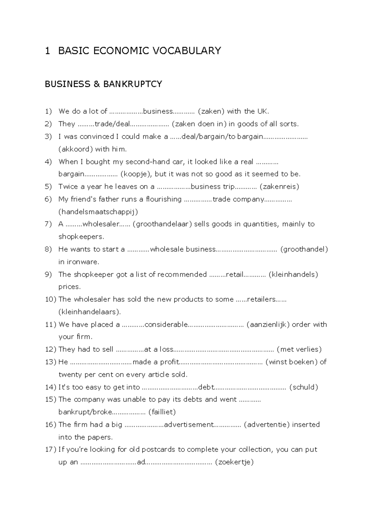 Voc 9-15 - vocabulaire Engels - 1 BASIC ECONOMIC VOCABULARY BUSINESS ...