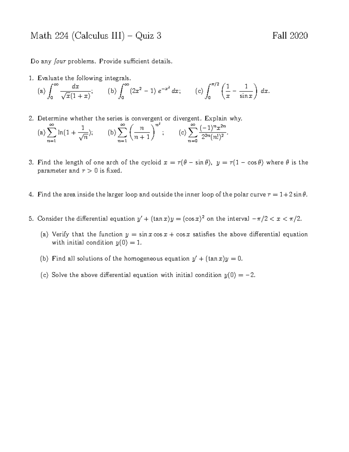 Quiz Autumn 2020, answers - Math 224 (Calculus III) – Quiz 3 Fall 2020 ...
