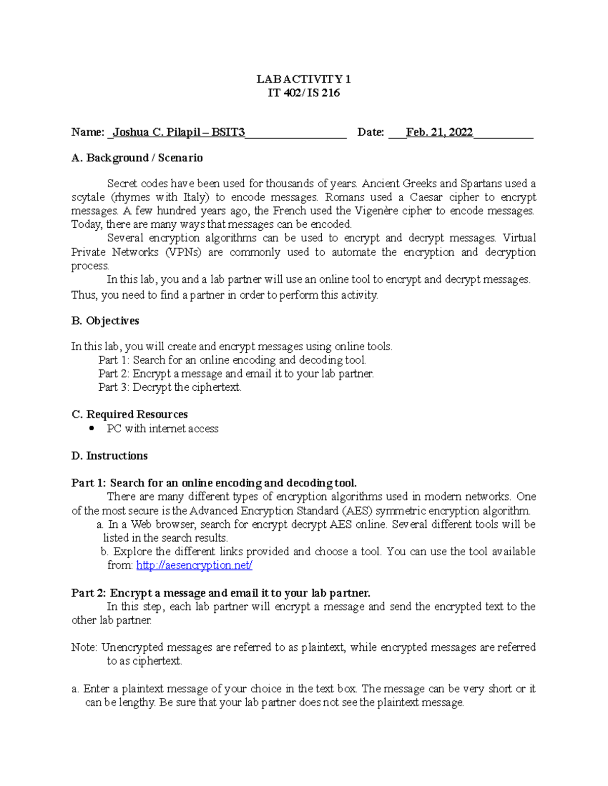 IT- LAB Activity 1a - LAB ACTIVITY 1 IT 402/ IS 216 Name: Joshua C ...