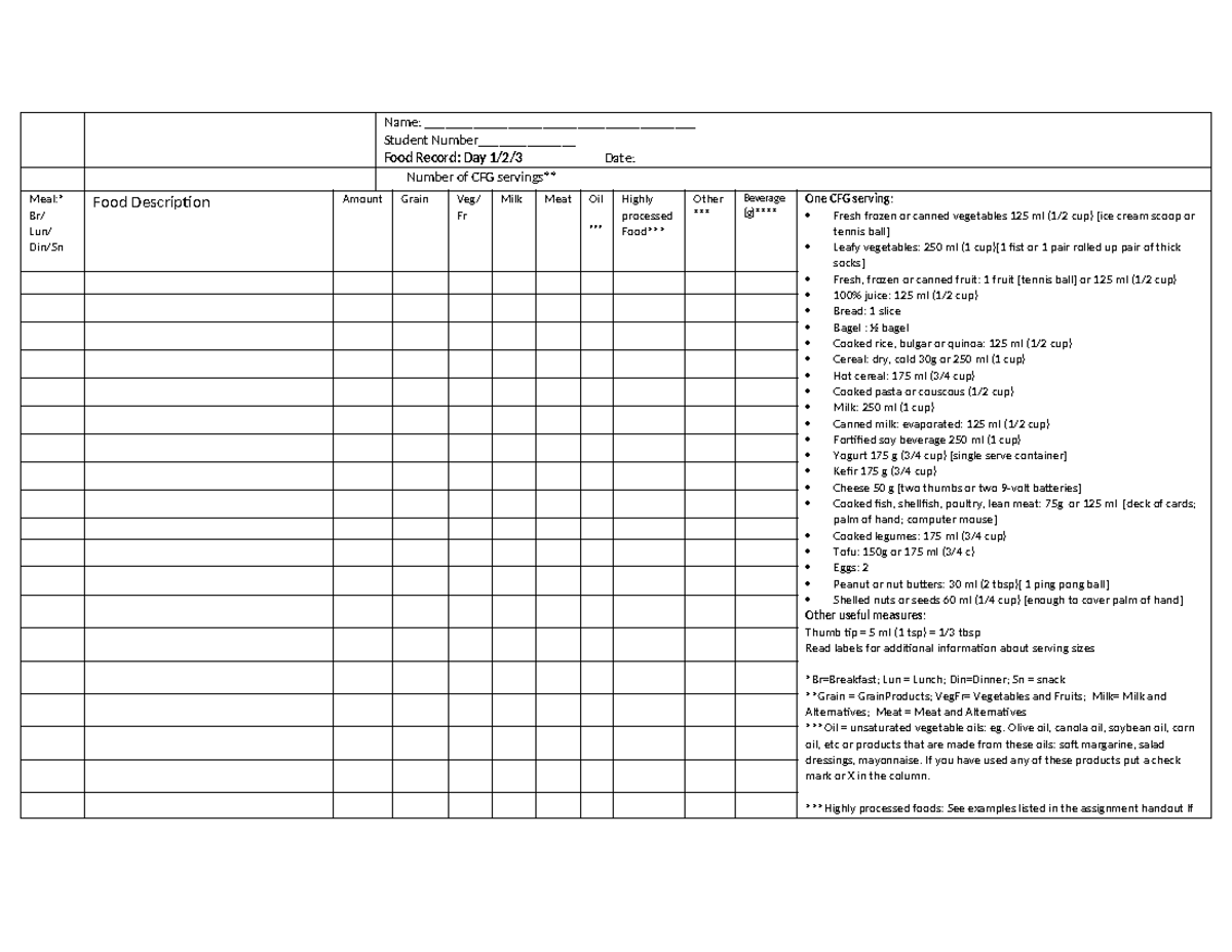 FOOD Record Sheet updated - Name ...