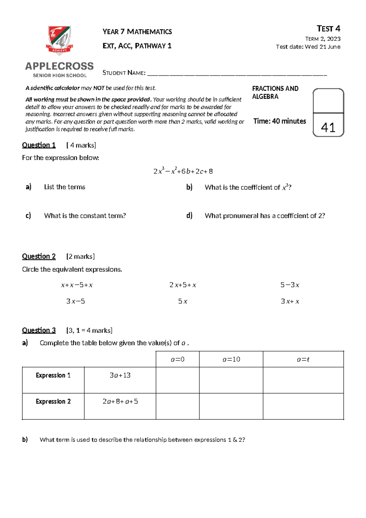 Year 7 Test 4 2023 Final - yeah - YEAR 7 MATHEMATICS EXT, ACC, PATHWAY ...