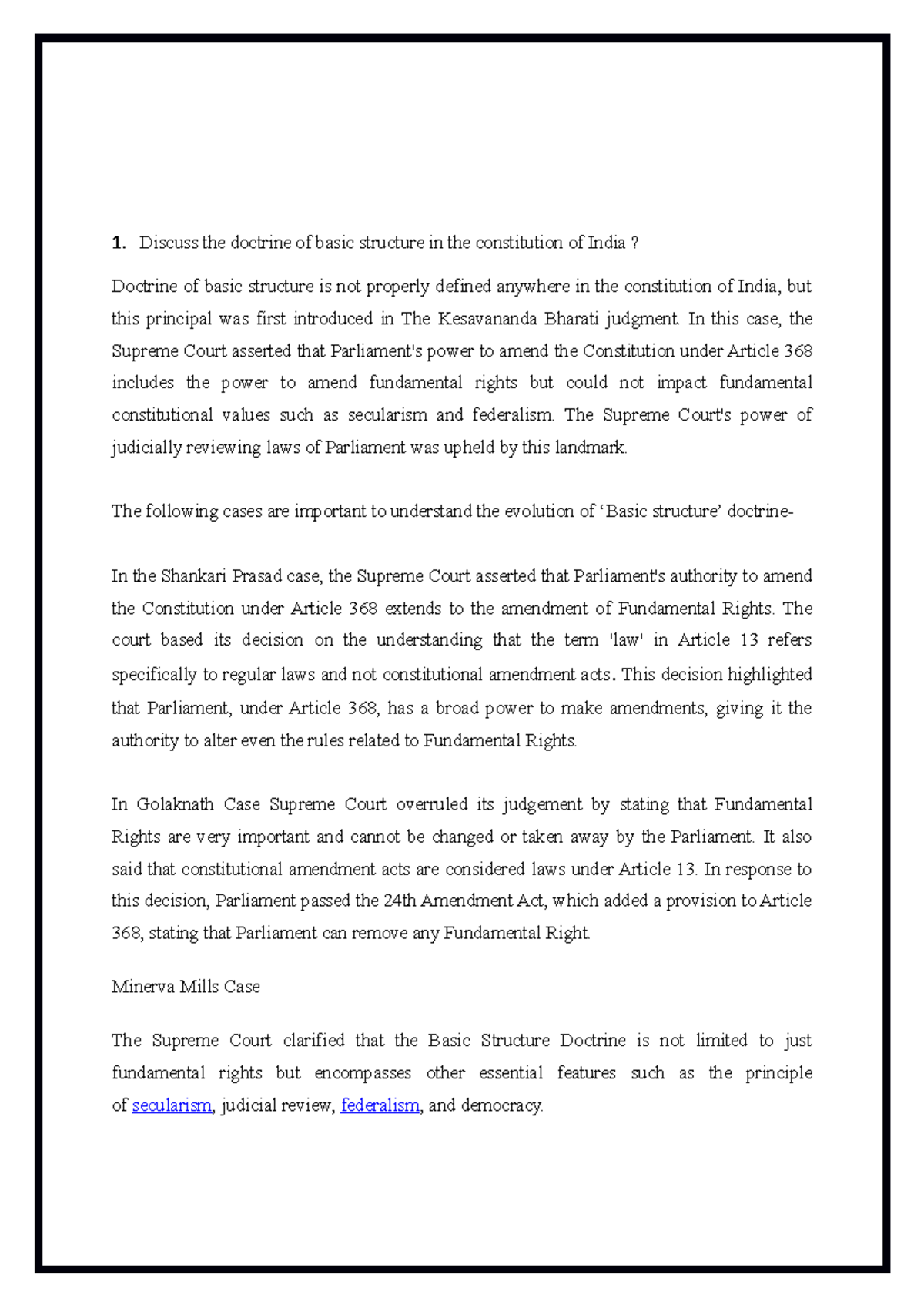 Discuss the doctrine of basic structure in the constitution of India ...