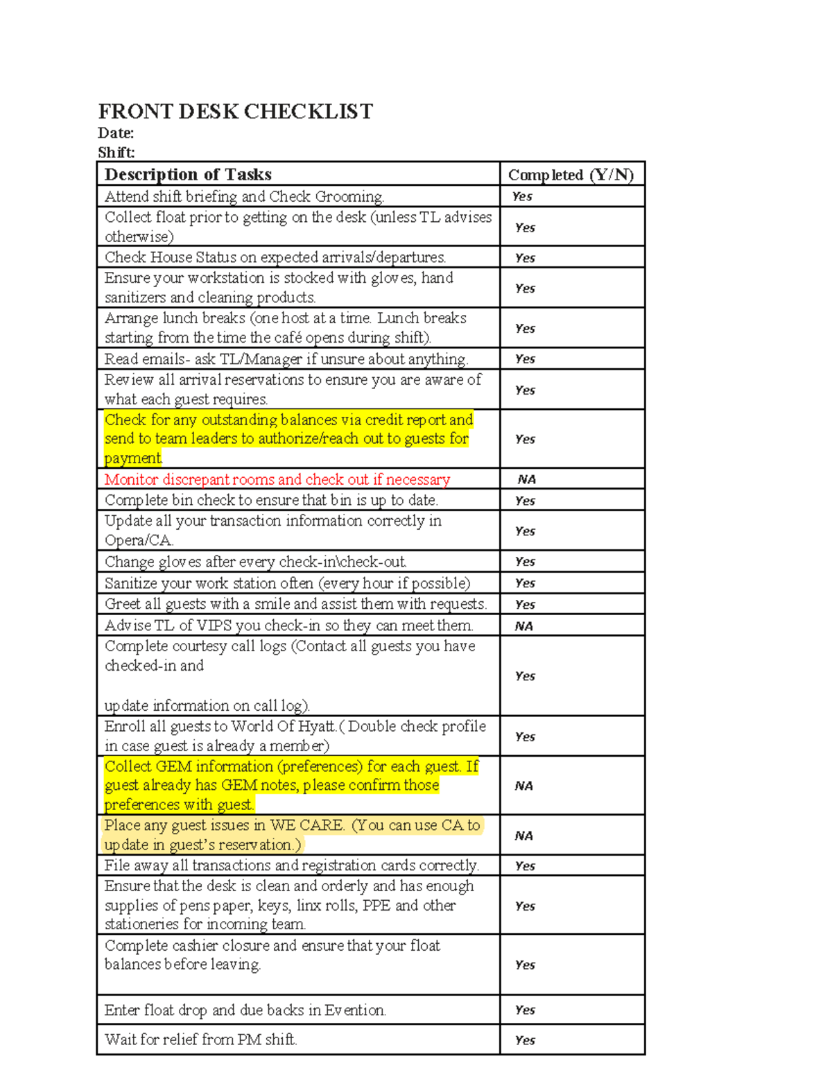 Front-Desk-Checklist - FRONT DESK CHECKLIST Date: Shift: Description of ...
