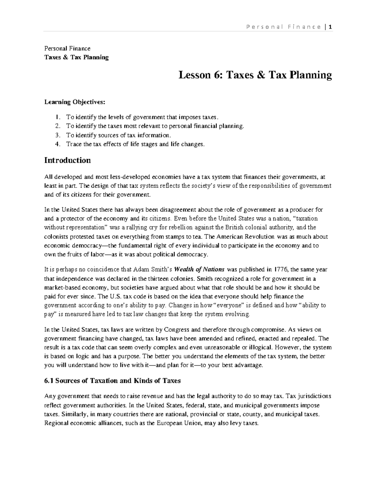 Week 6-7 - Lesson 6 - Taxes & Tax Planning - Personal Finance Taxes ...
