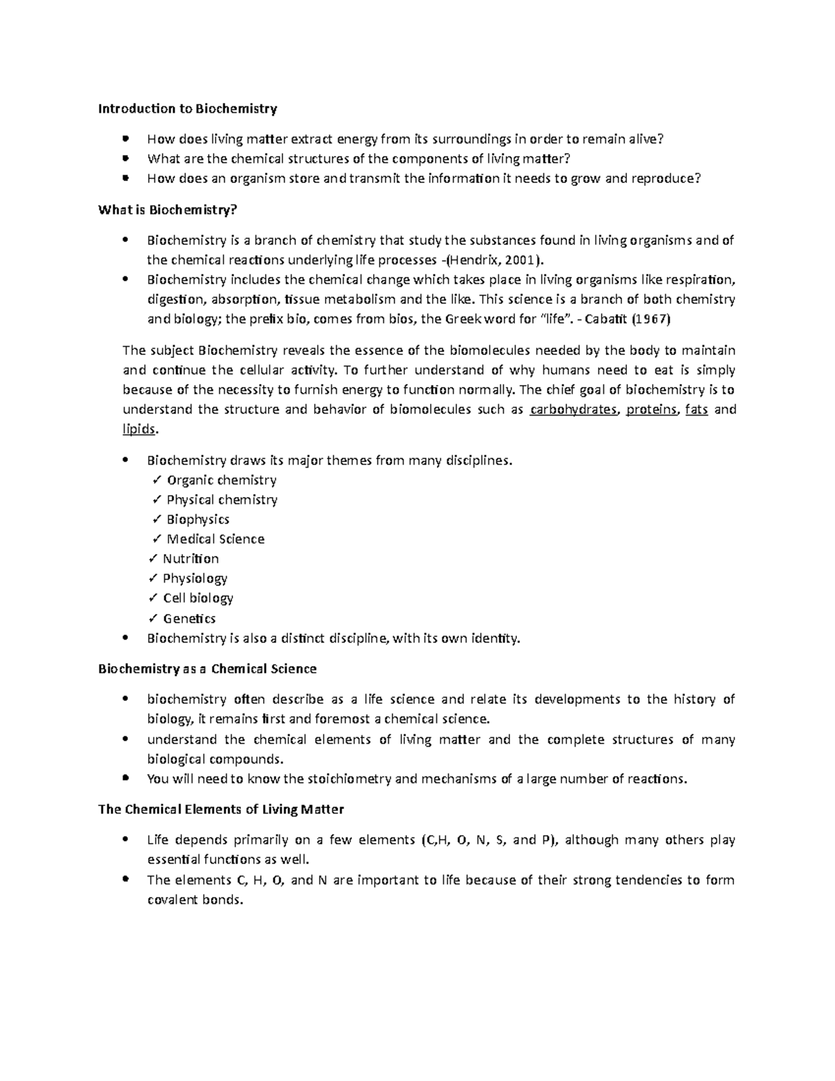 Introduction to Biochemistry - Biochemistry includes the chemical ...
