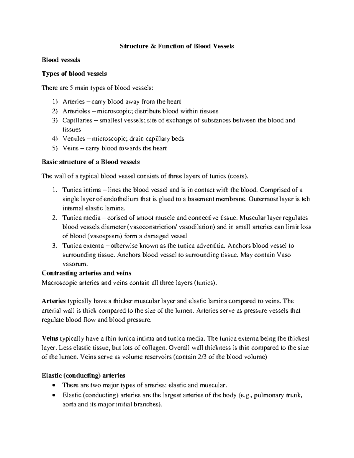 Vasculature - notes - Structure & Function of Blood Vessels Blood ...