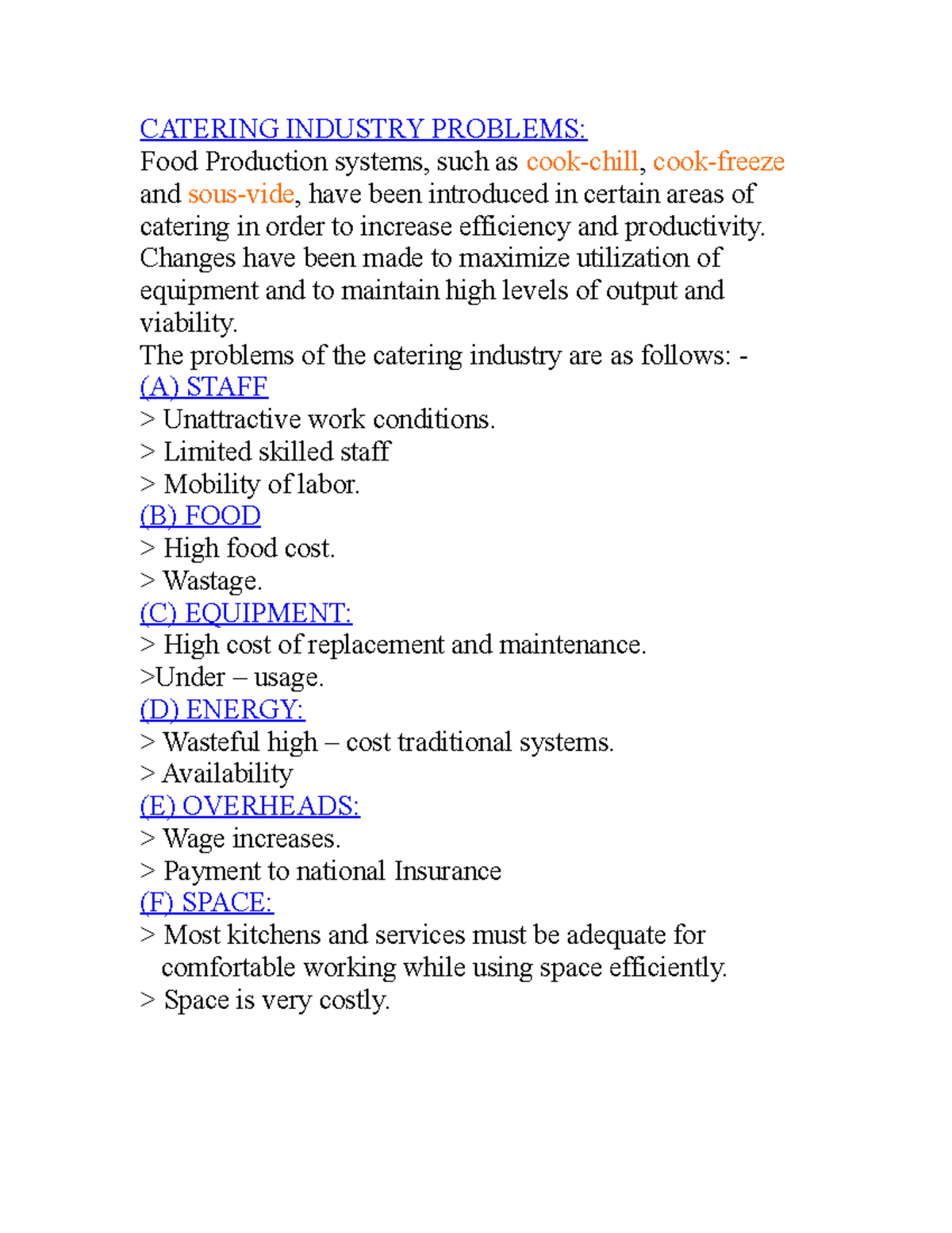 Catering Industry PROB - CATERING INDUSTRY PROBLEMS: Food Production ...
