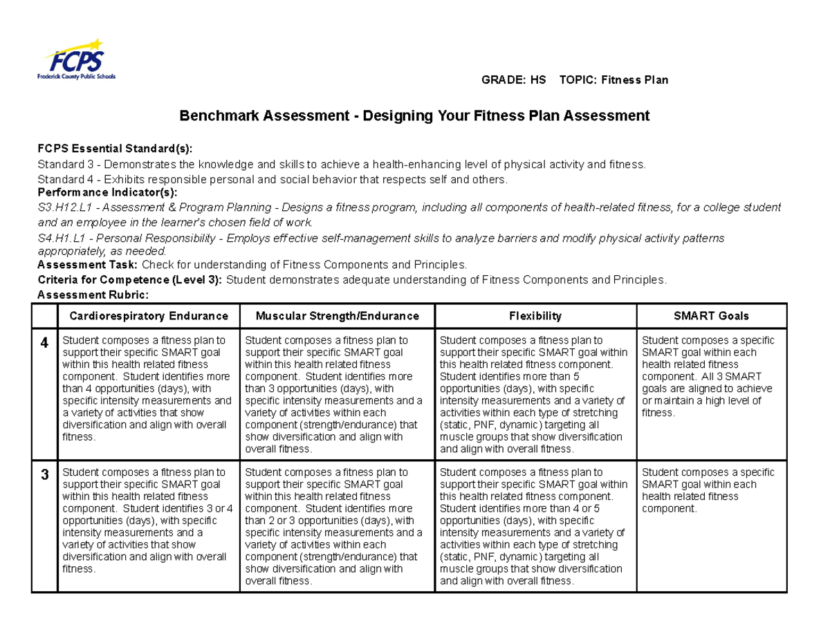 Fitness Plan Benchmark Rubric 22-23 - GRADE: HS TOPIC: Fitness Plan ...