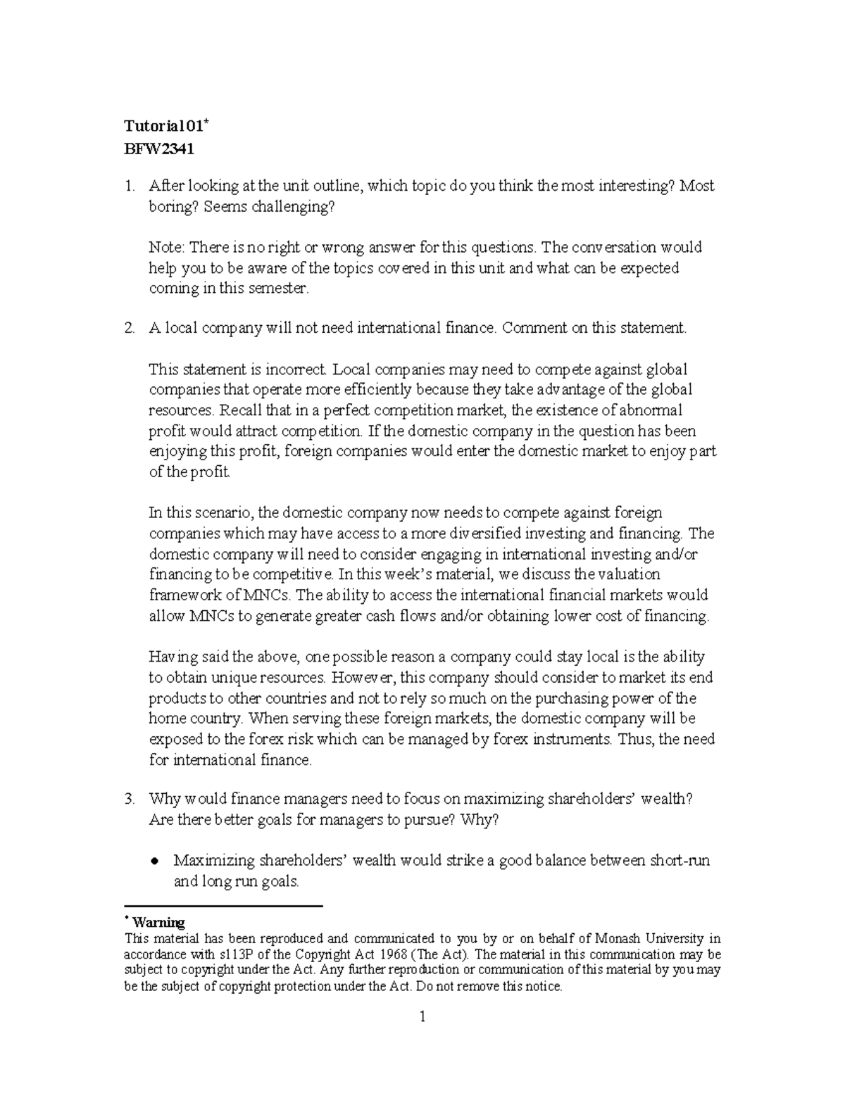 Tutorial Solution Week01 - 1 Tutorial 01* BFW After looking at the unit ...