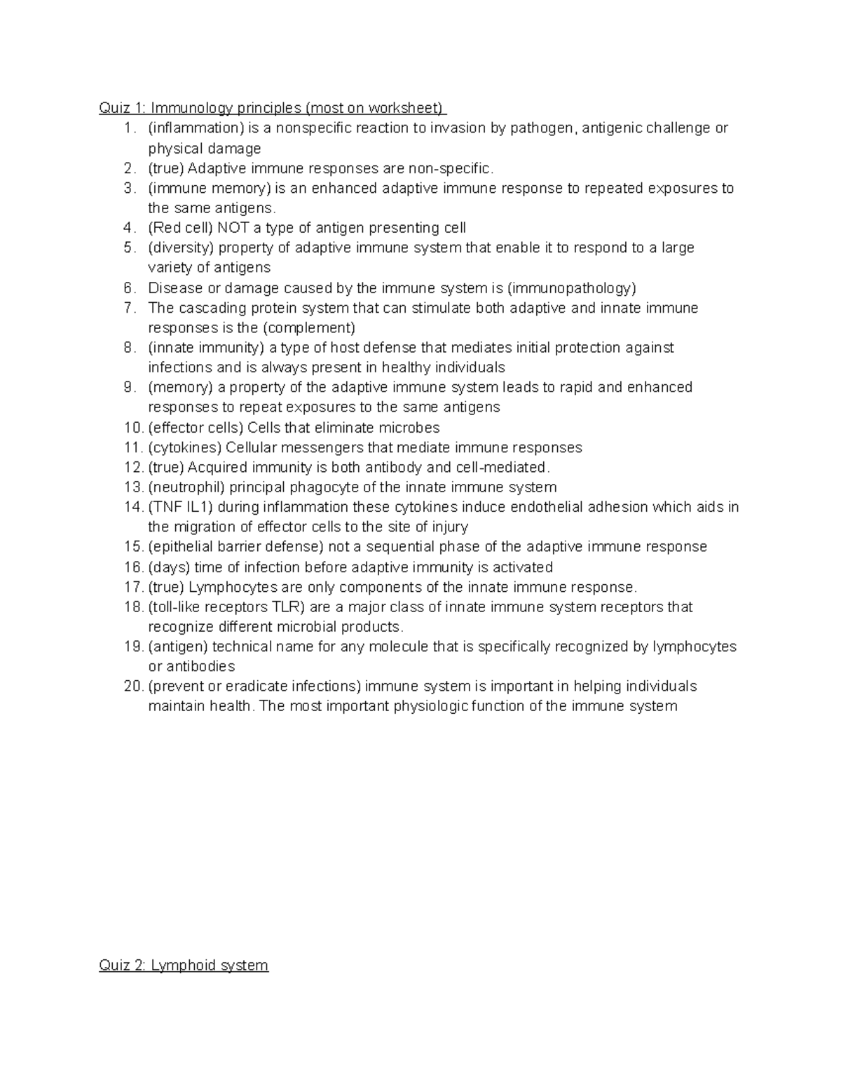 Immunology Practice Quiz 1 Quiz 1 Immunology Principles Most On