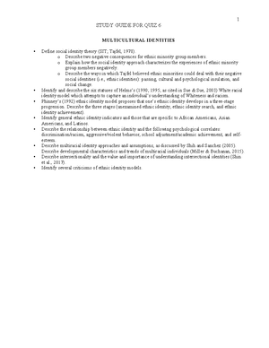 Study Guide Mod#1 (SUM23) - STUDY GUIDE FOR QUIZ WHAT IS MULTICULTURAL PSYCHOLOGY? Define the ...