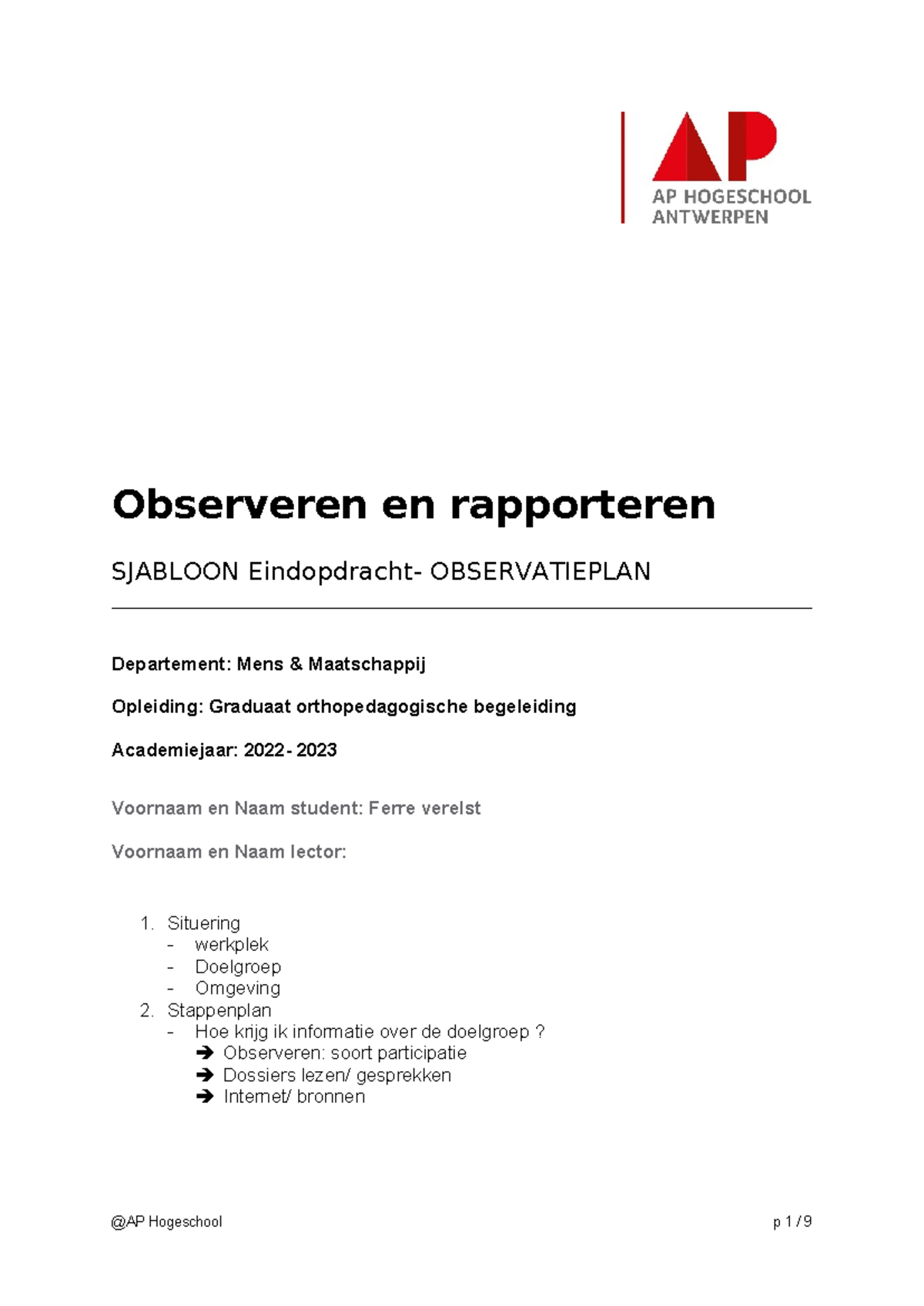 Sjabloon-Eindopdracht OER - Observeren en rapporteren SJABLOON Eindopdracht- OBSERVATIEPLAN ...