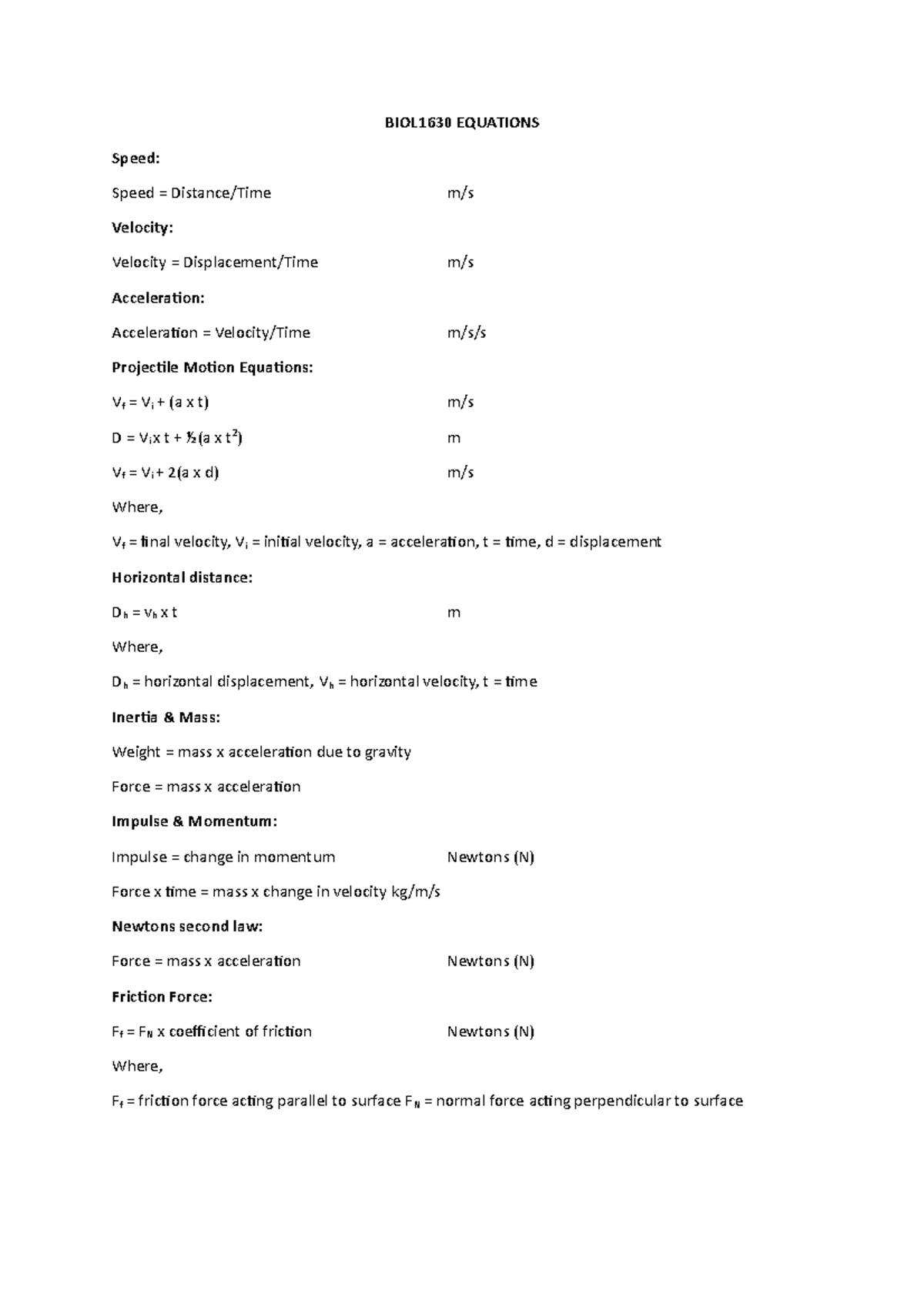 BIOL1630 Equations BIOL1630 EQUATIONS Speed Speed Distance Time M