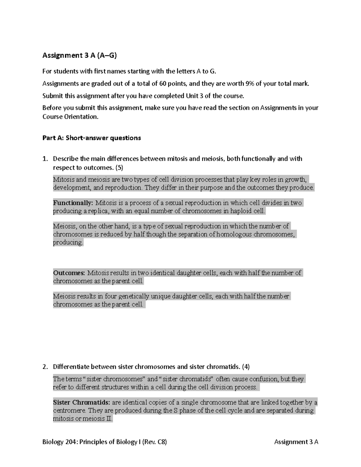 Biology Assignment 3 - Assignment 3 A (A–G) For students with first names starting with the ...