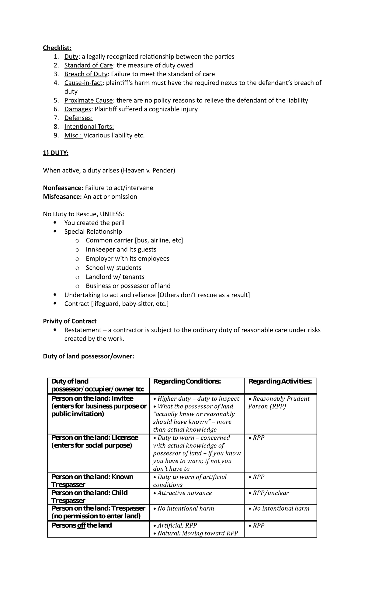 Tort - Outline - Checklist: 1. Duty : a legally recognized relationship ...