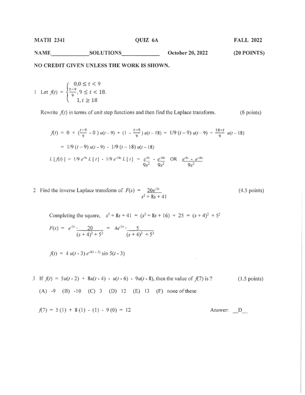 Quiz6Solutions FL 22 - Quiz solutions - MATH 2341 - Studocu