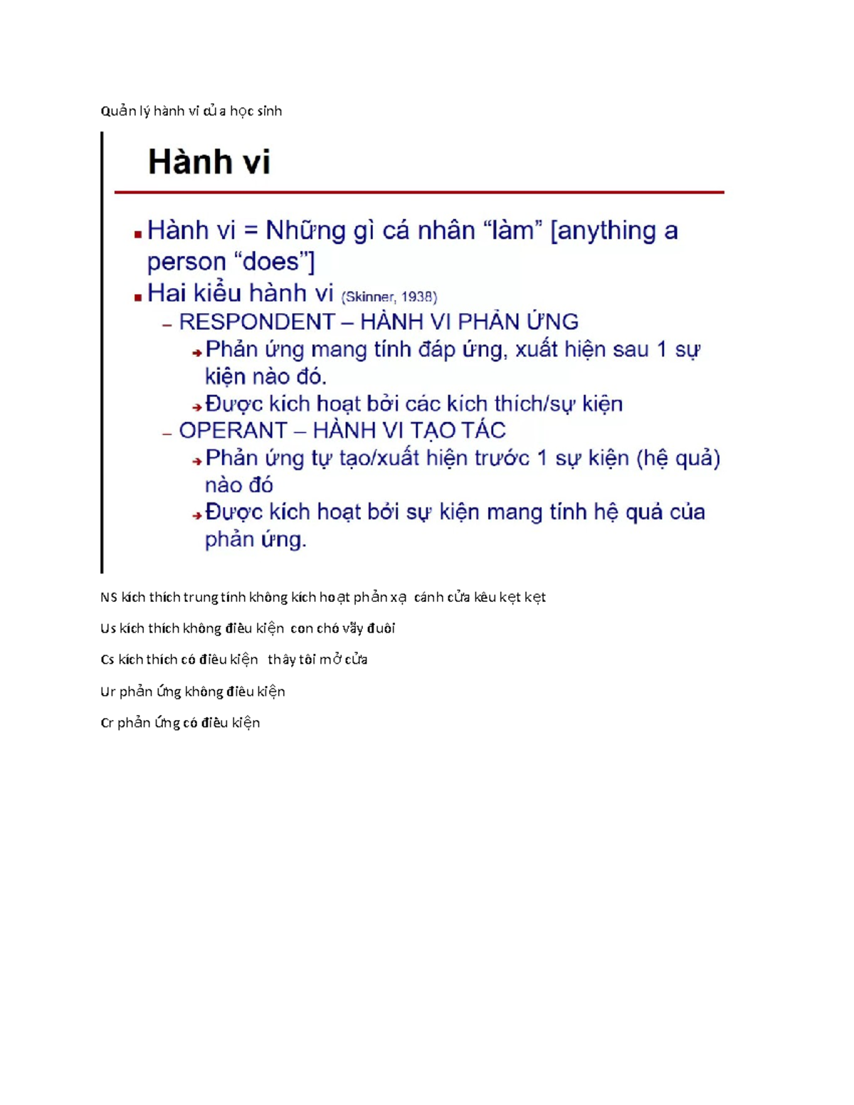 Quản lý hành vi của học sinh - Qu ản lý hành vi c ủa h ọc sinh NS kích thích trung tính không ...
