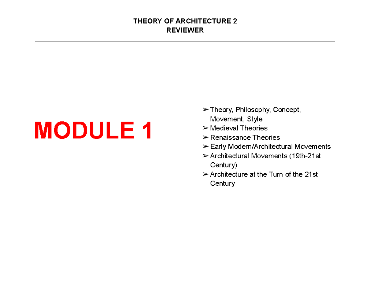 Theory of Architecture 2 Reviewer - REVIEWER MODULE 1 Theory ...