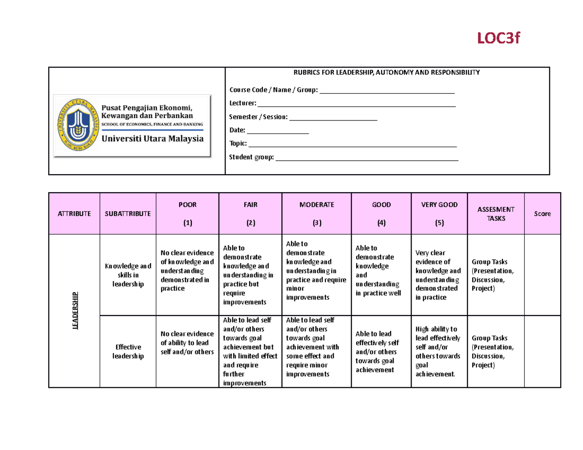LOC3f Rubrics FOR Leadership - LOC3f RUBRICS FOR LEADERSHIP, AUTONOMY ...
