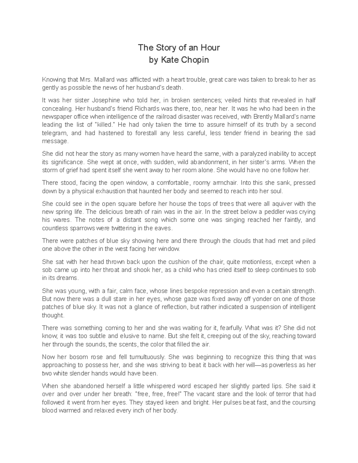 The Story of an hour - kate chopin - The Story of an Hour by Kate ...