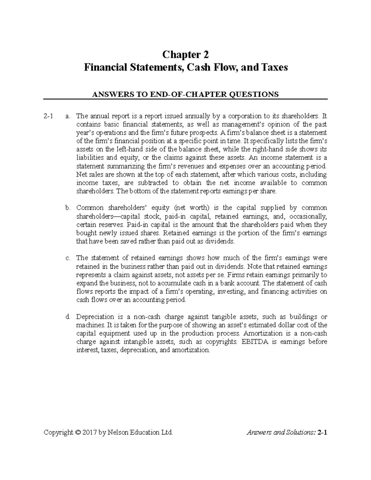 Chapter 2 solution - Chapter 2 Financial Statements, Cash Flow, and ...
