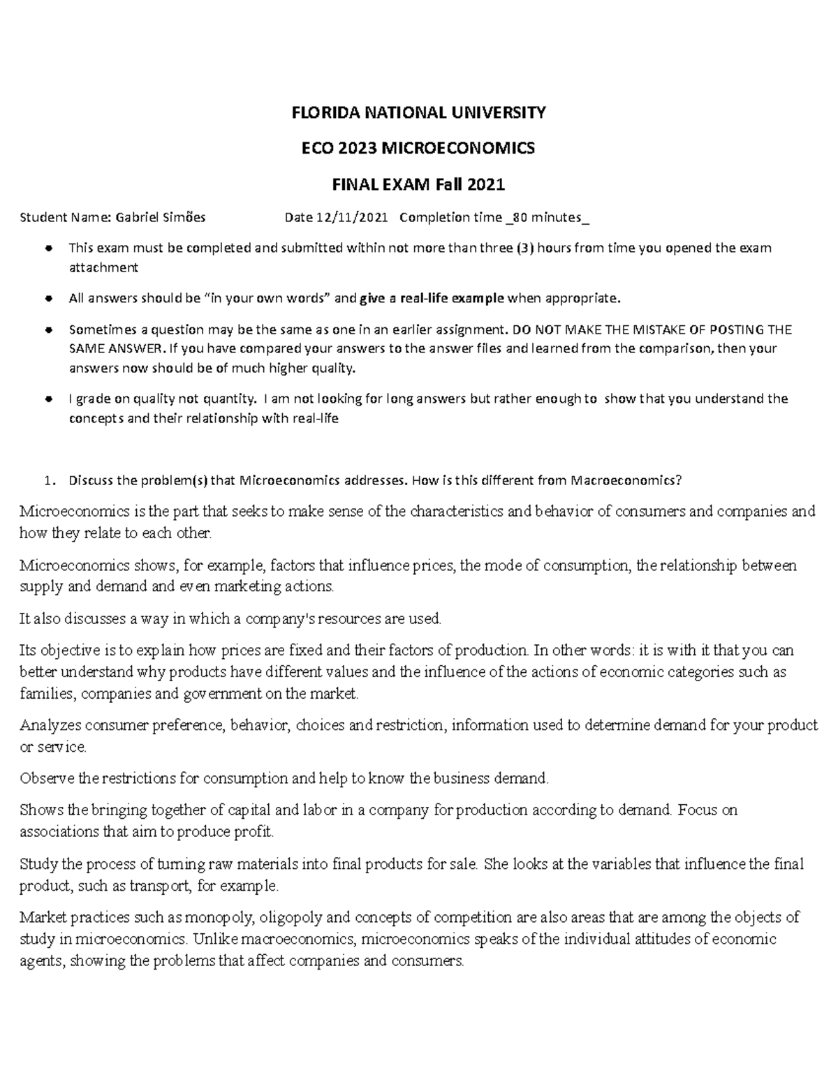 FNU Microeconomics Final Exam - FLORIDA NATIONAL UNIVERSITY ECO 2023 ...