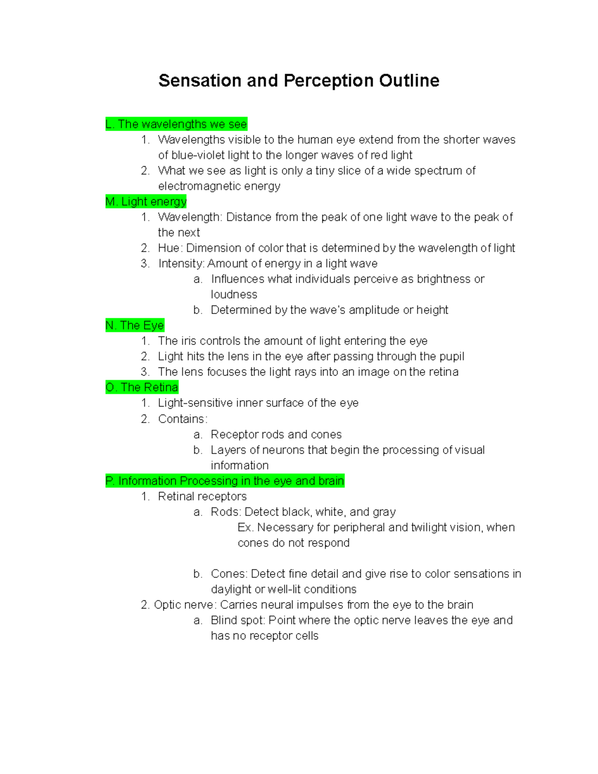 Sensation and Perception Outline - The wavelengths we see 1 ...