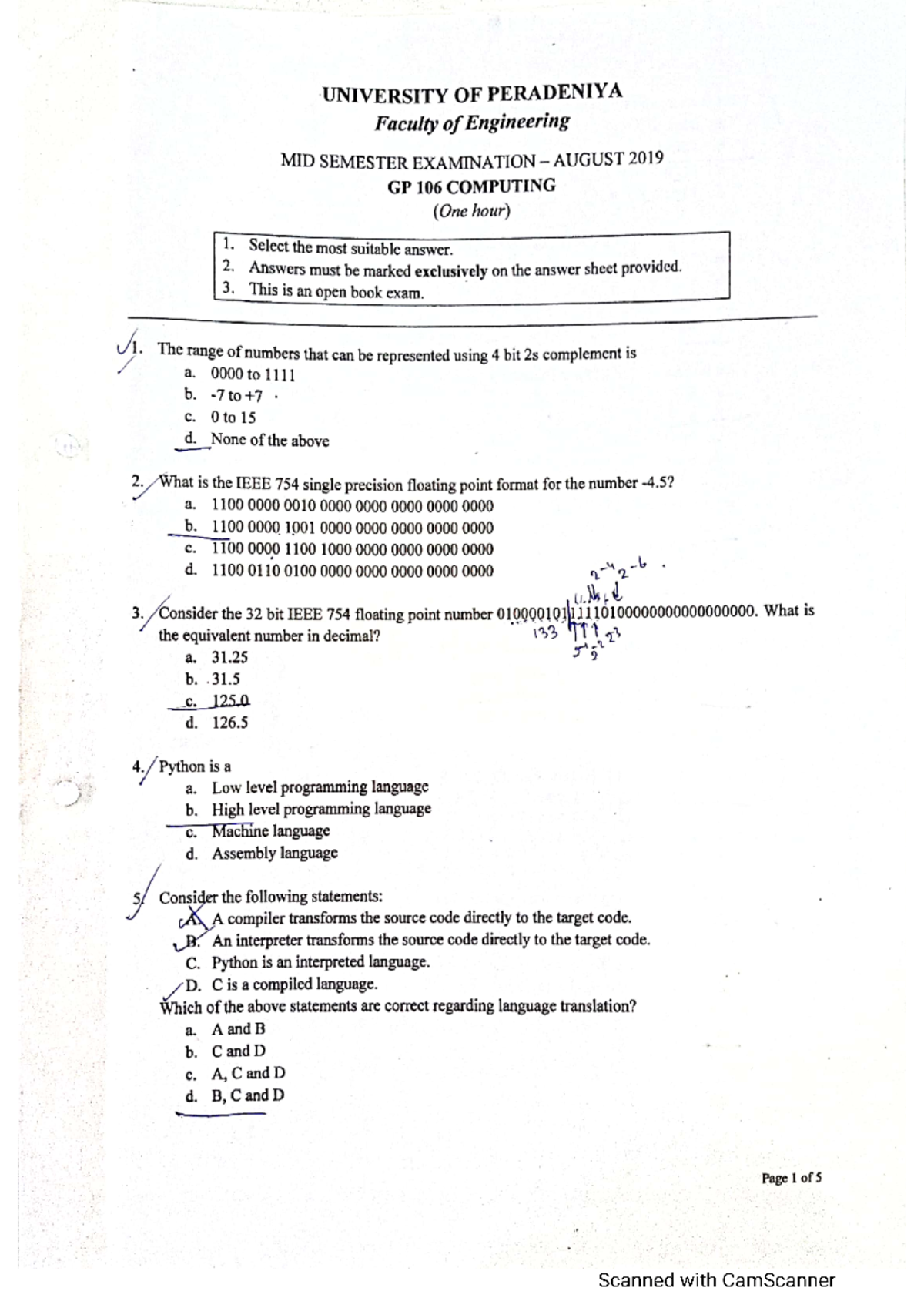 GP 106 Computing - Mid Semester Exam 2019 - University Of Peradeniya ...