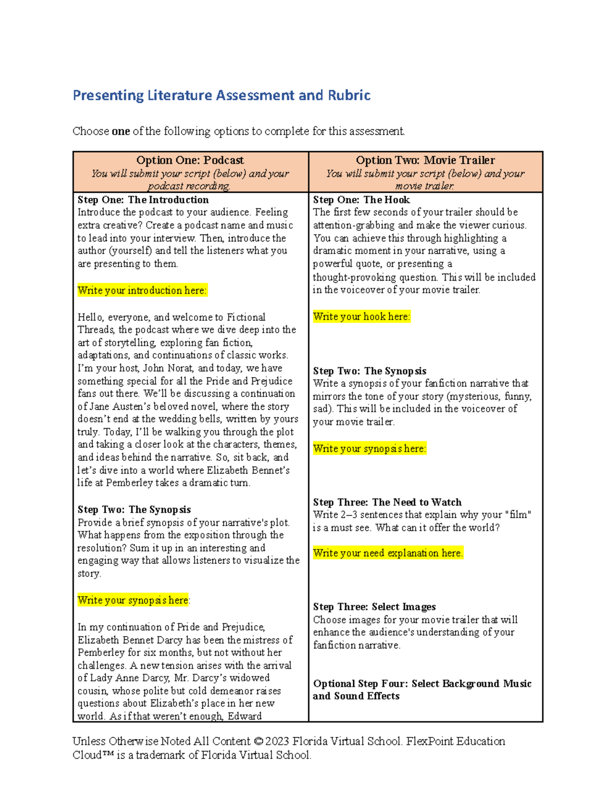 Copy of presenting literature assessment rubric - Presenting Literature ...