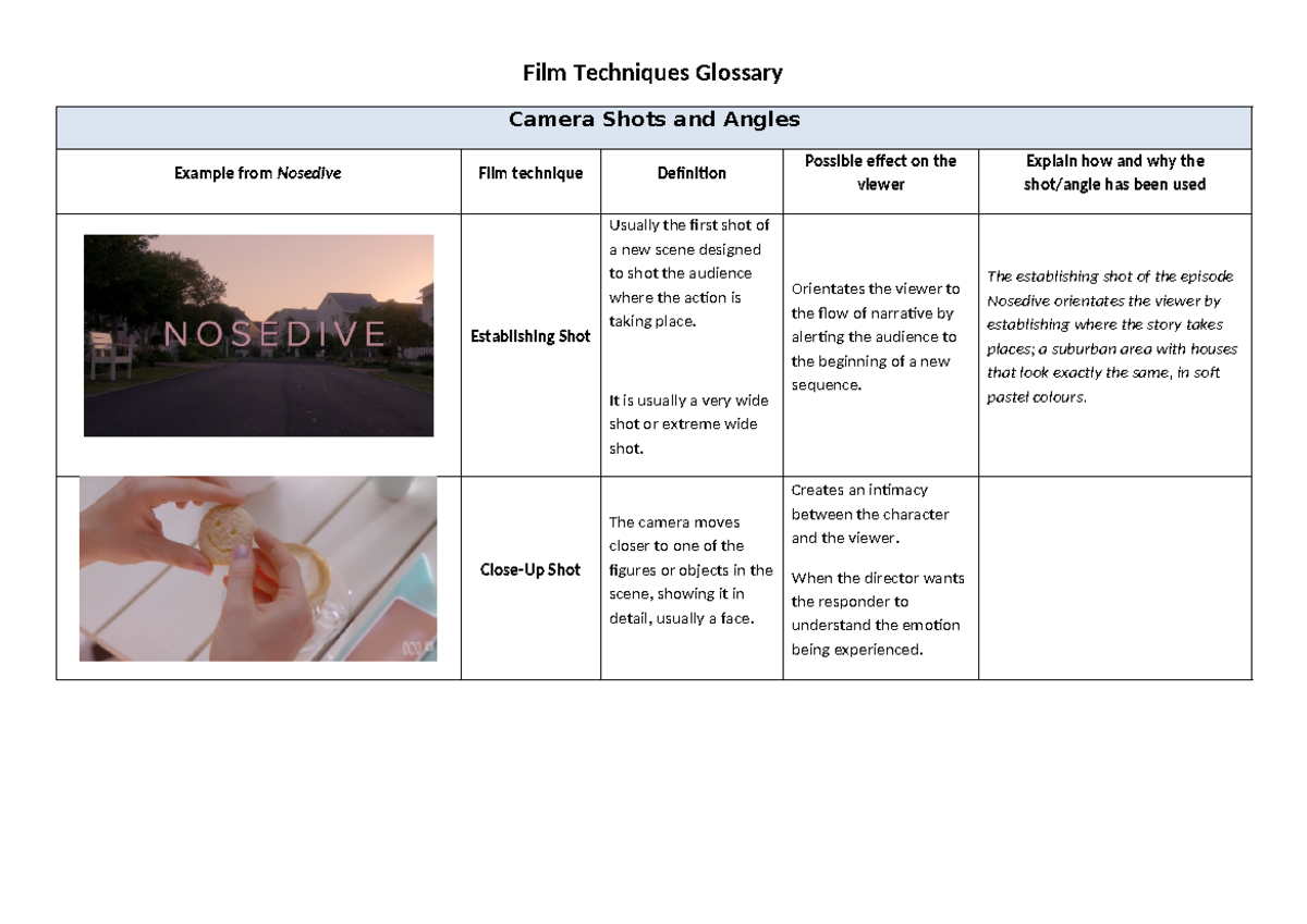 4. Film Techniques Glossary 1 - Film Techniques Glossary Camera Shots ...