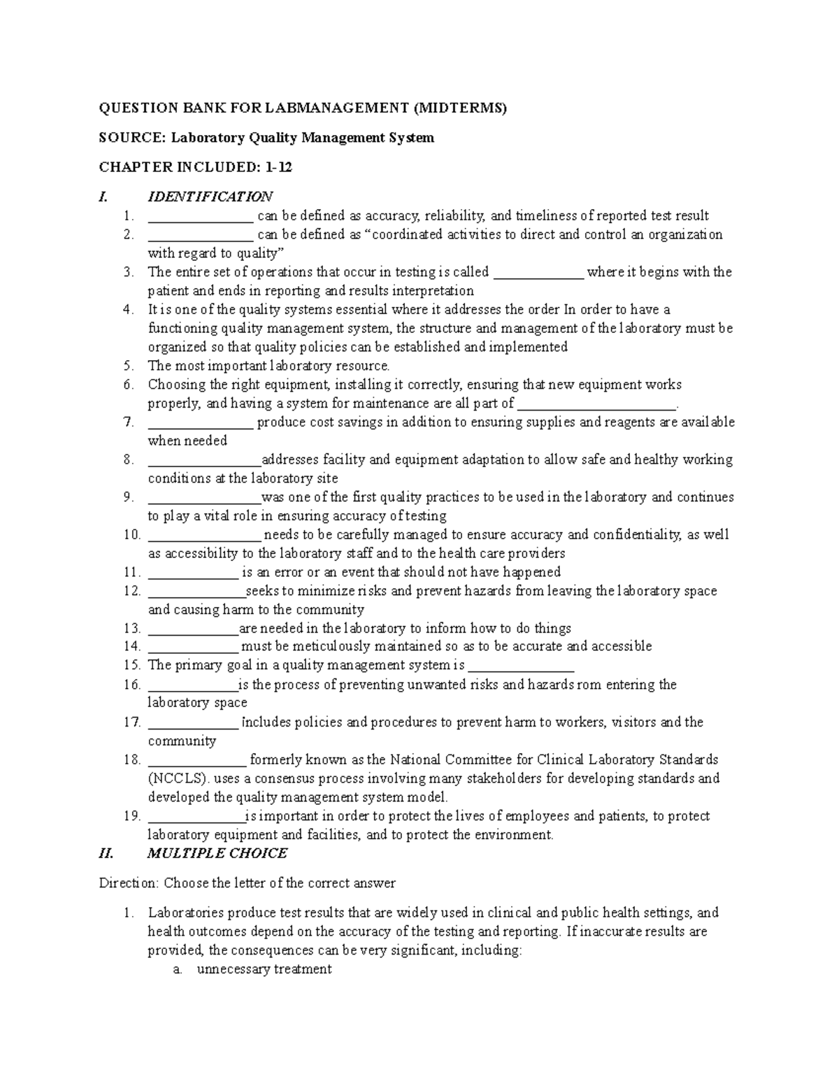 Question BANK FOR Labmanagement - QUESTION BANK FOR LABMANAGEMENT ...