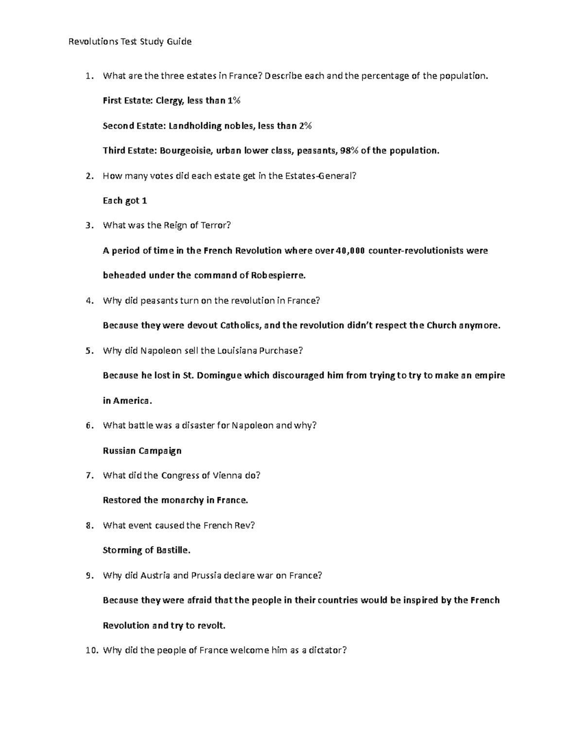 Study Guide for Revolutions Test - What are the three estates in France ...