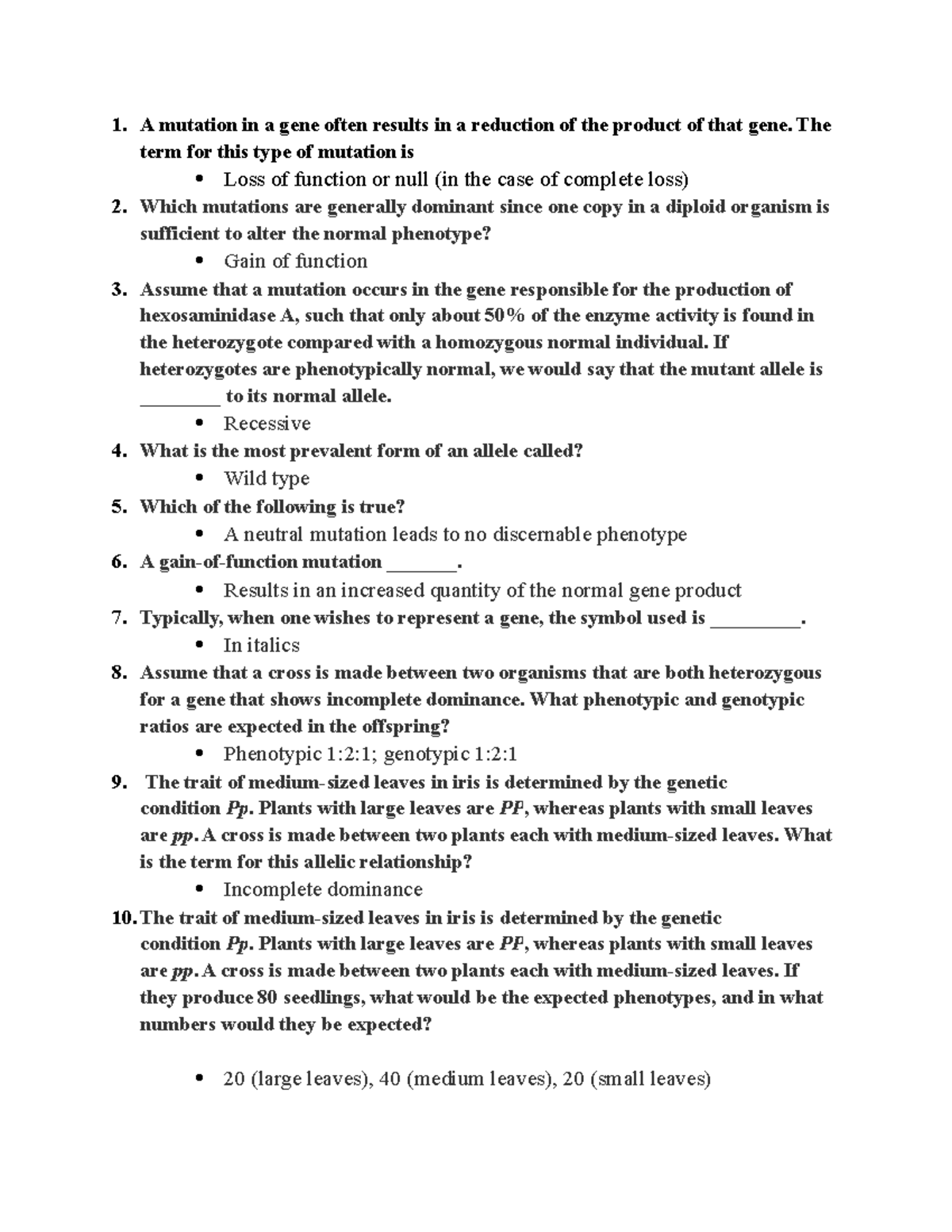 EXAM. #2: MULTIPLE CHOICE QUESTIONS WITH ANSWERS - A mutation in a gene ...