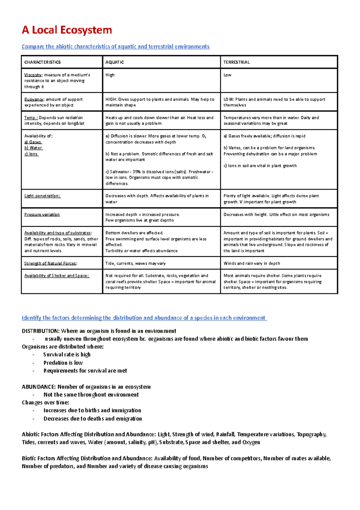 Bio prelims - part 1 - A Local Ecosystem Compare the abiotic ...
