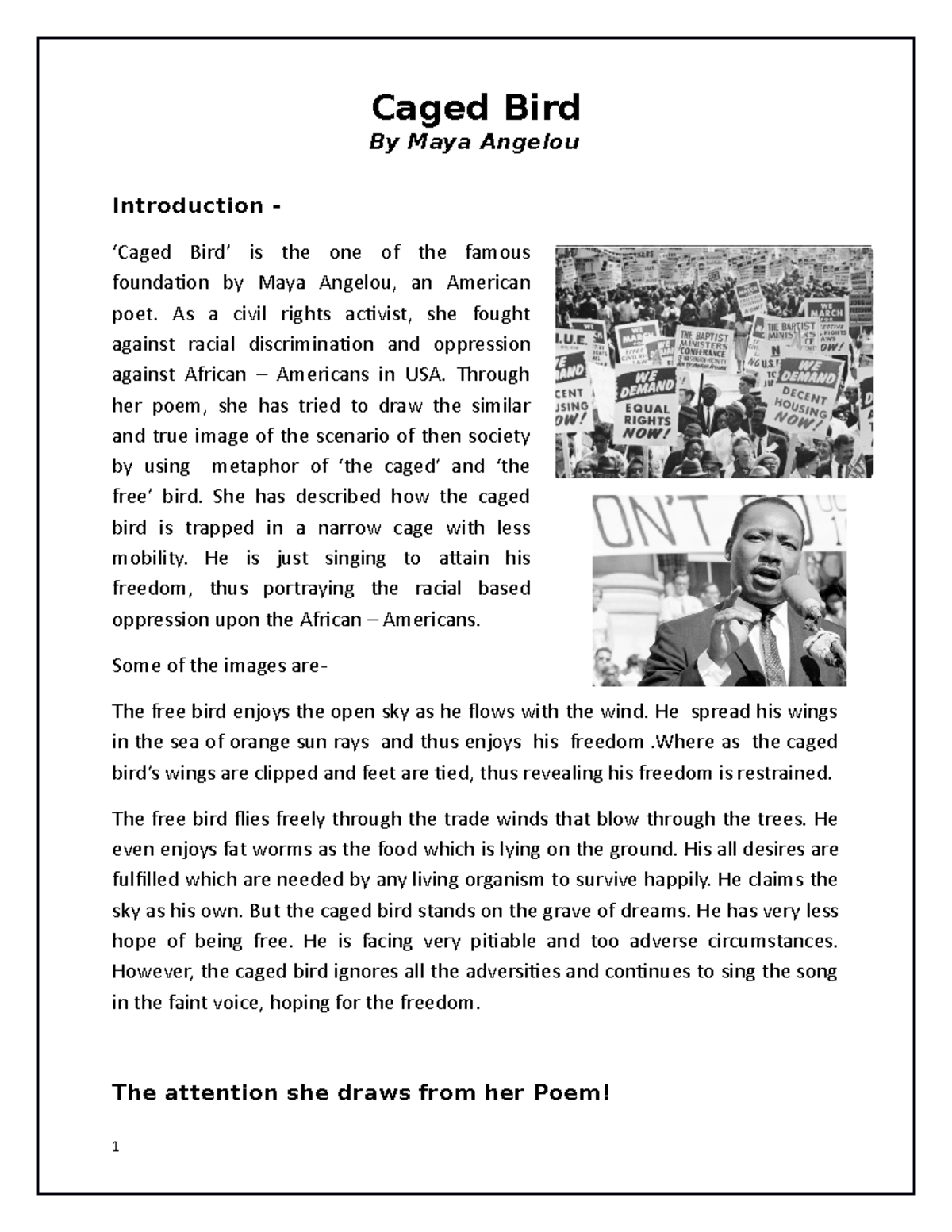 Assignment on a bird which is inside a cage - Caged Bird By Maya ...