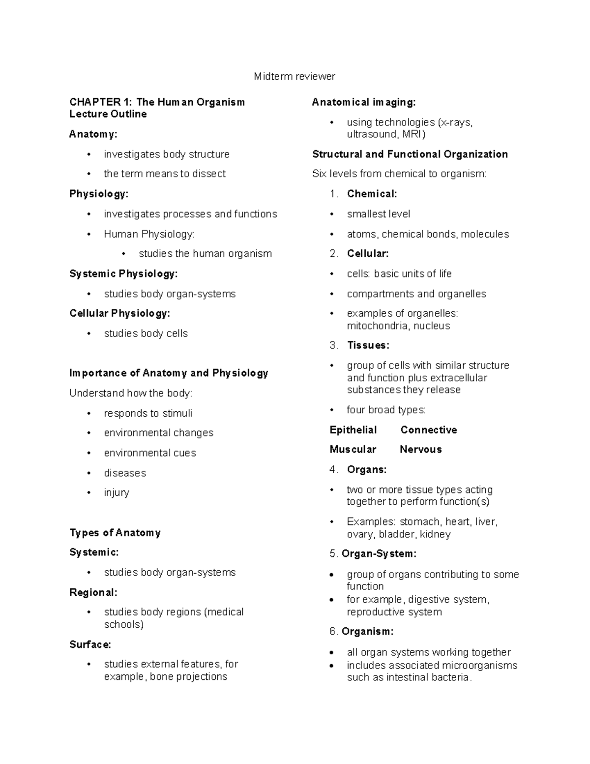 Anaphy Reviewer pt1 - Midterm reviewer CHAPTER 1: The Human Organism ...