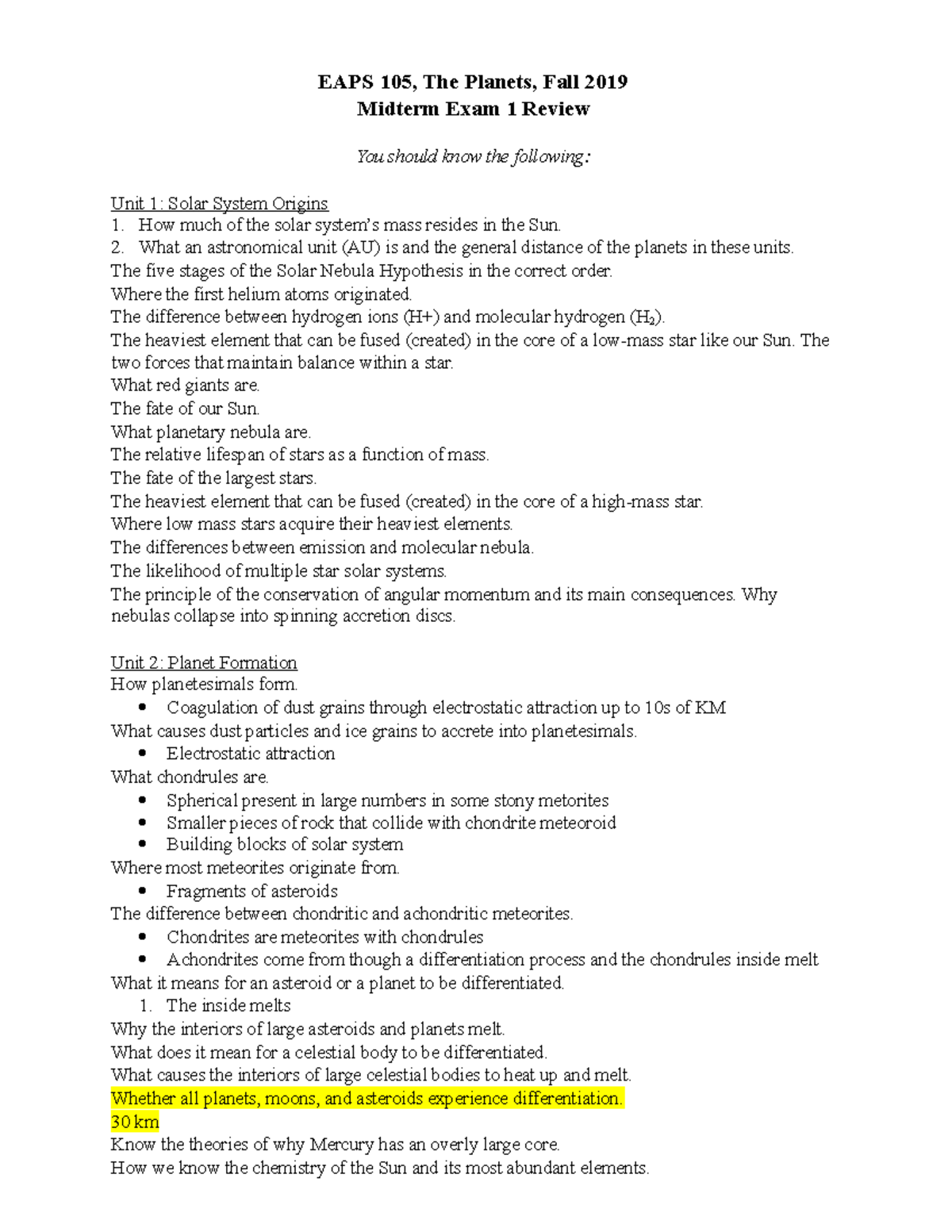 Exam 1 Study Guide F19 - EAPS 105, The Planets, Fall 2019 Midterm Exam 1 Review You should know ...
