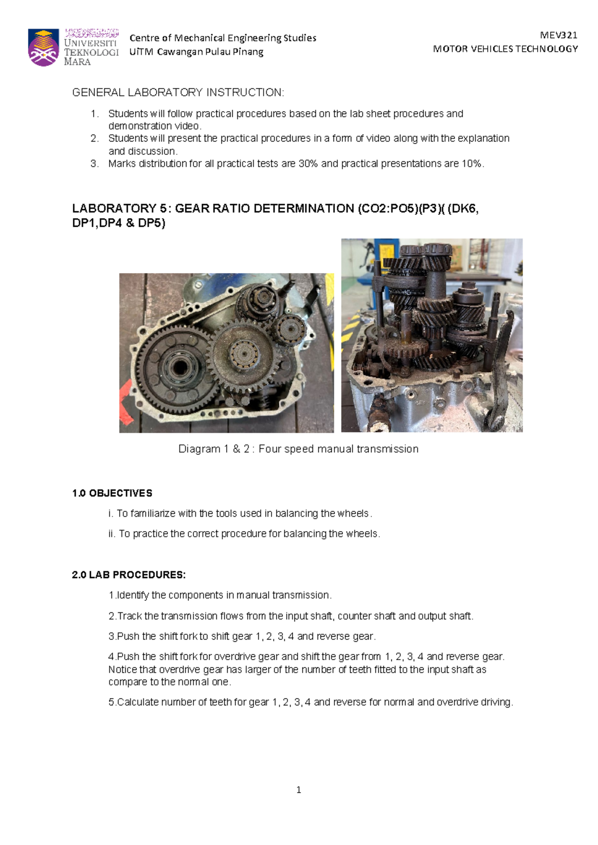 LAB Sheet - GEAR Ratio Determination - 1 Centre of Mechanical ...