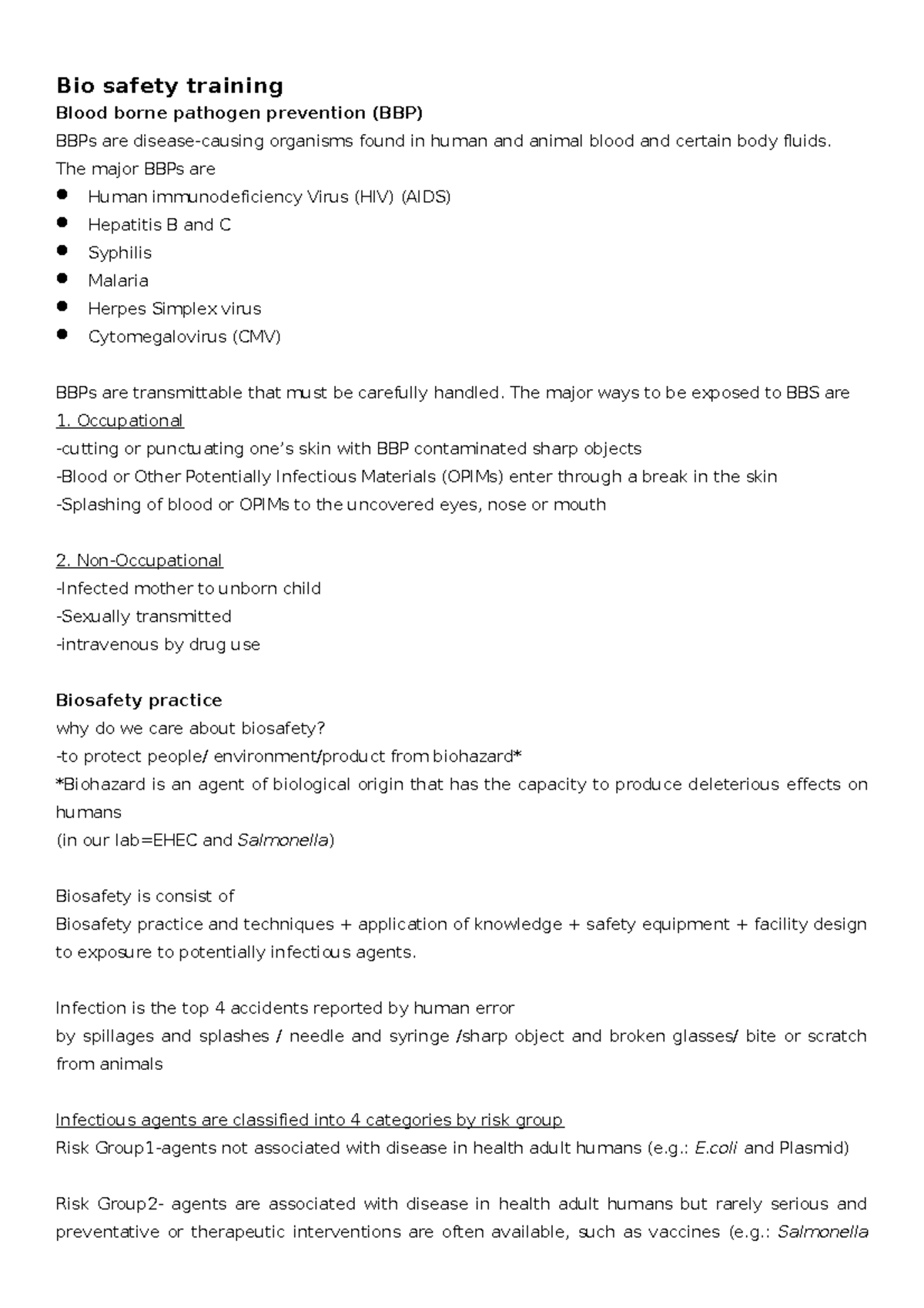 Biosafety - notes - Bio safety training Blood borne pathogen prevention ...