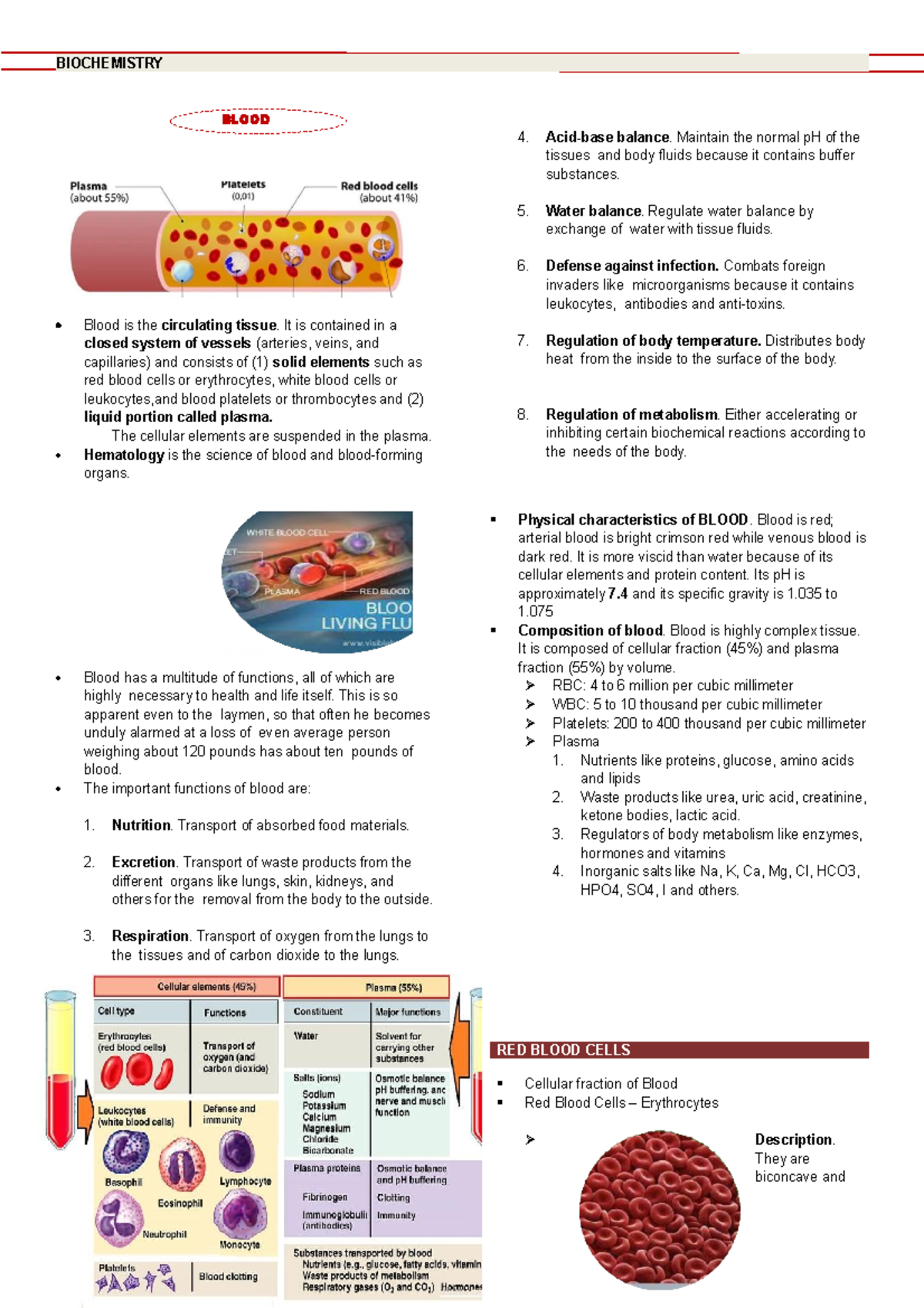 Blood - NOTES - BLOOD Blood is the circulating tissue. It is contained ...