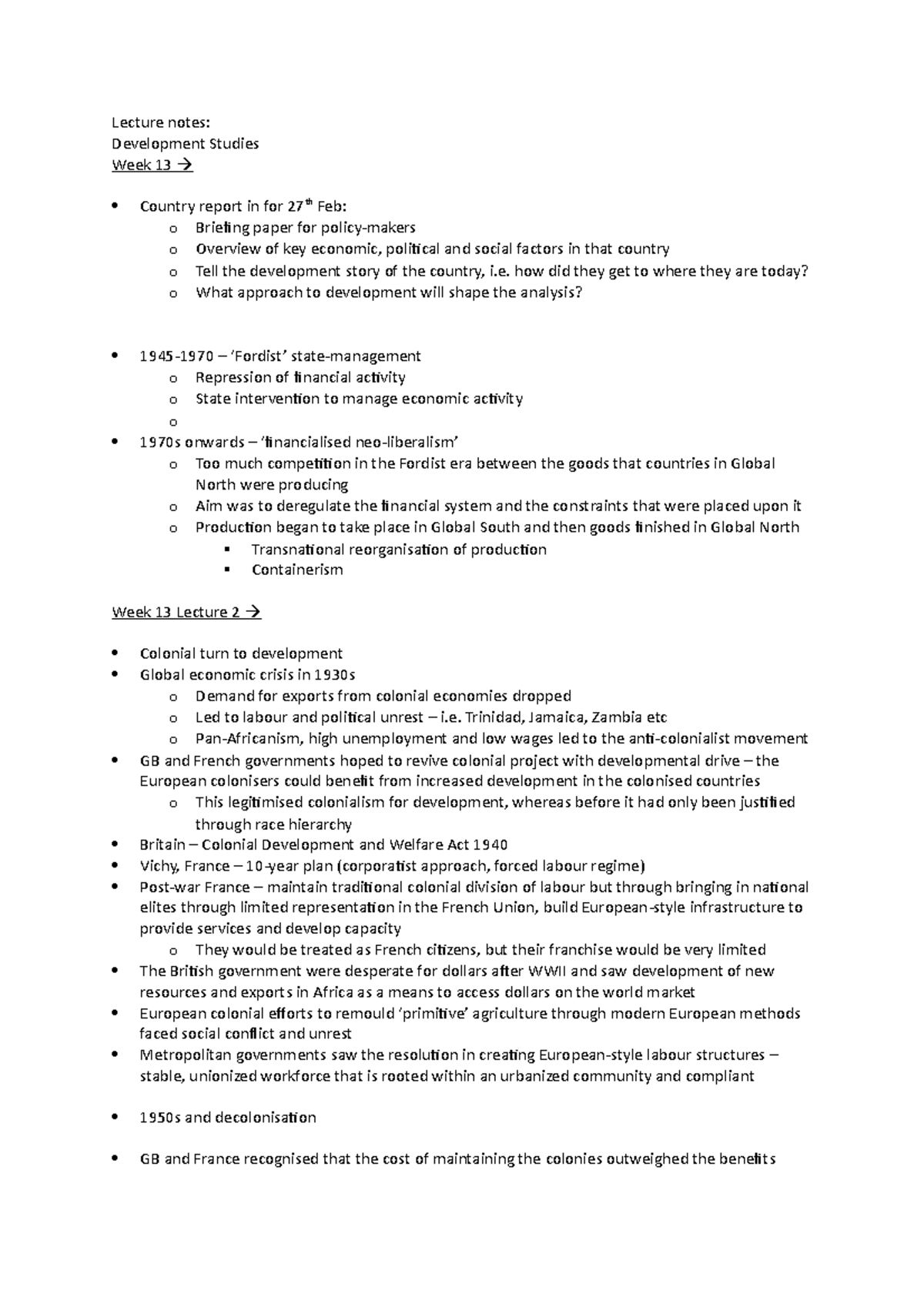 Lecture notes - Lecture notes: Development Studies Week 13 Country ...