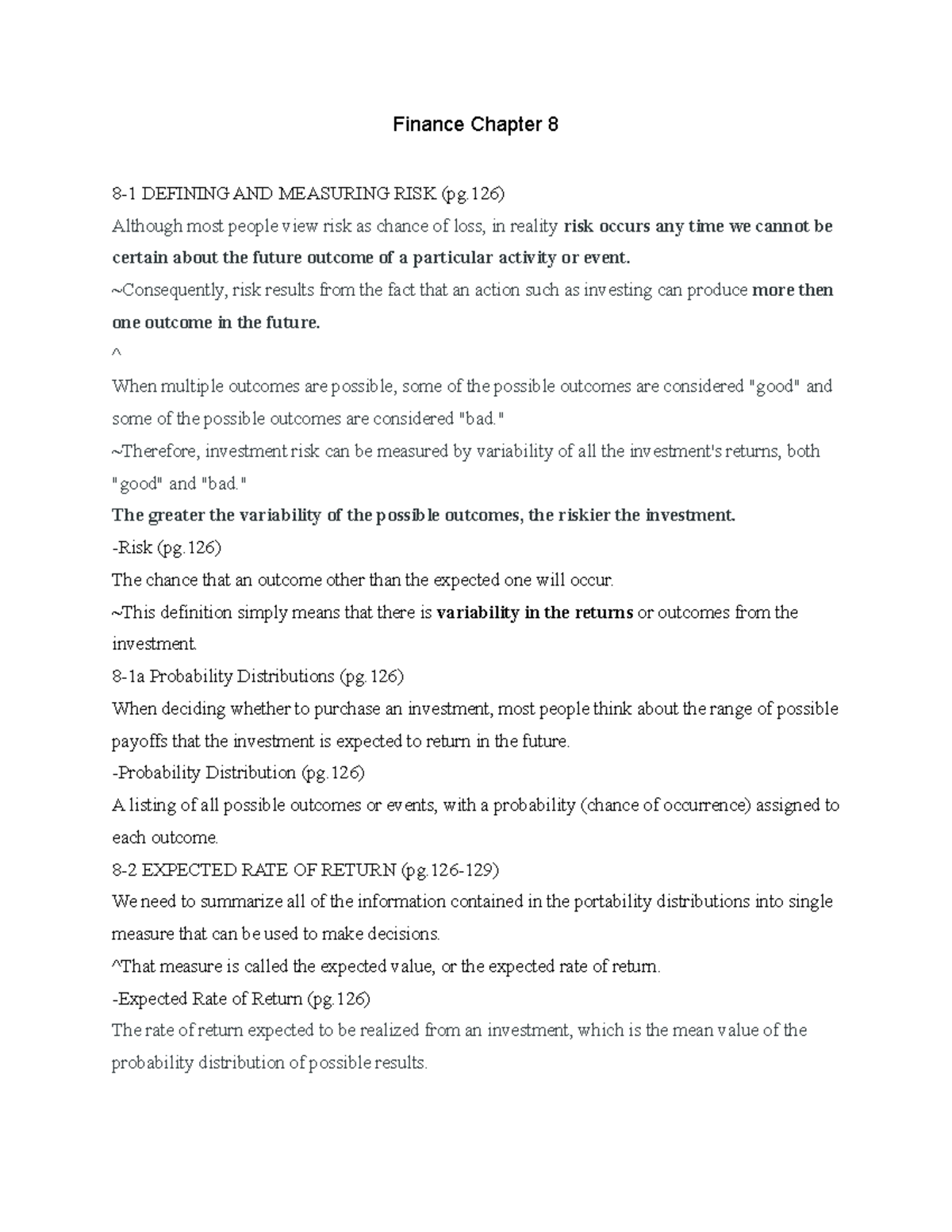 Finance chapter 8 - Finance Chapter 8 DEFINING AND MEASURING RISK (pg ...