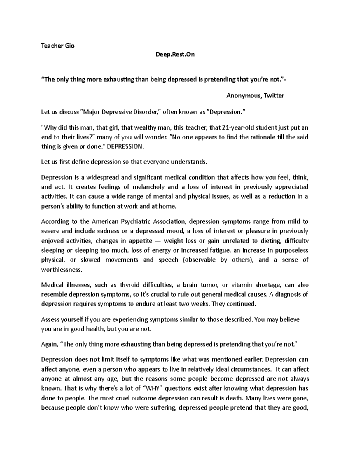 Narrative Essay - Hey! - Teacher Gio Deep.Rest “The only thing more ...