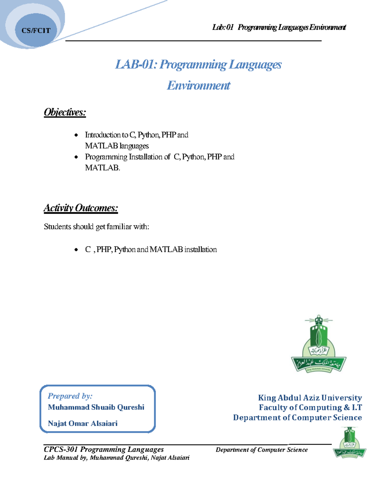 CPCS 301 Lab 01 - lab - - Studocu