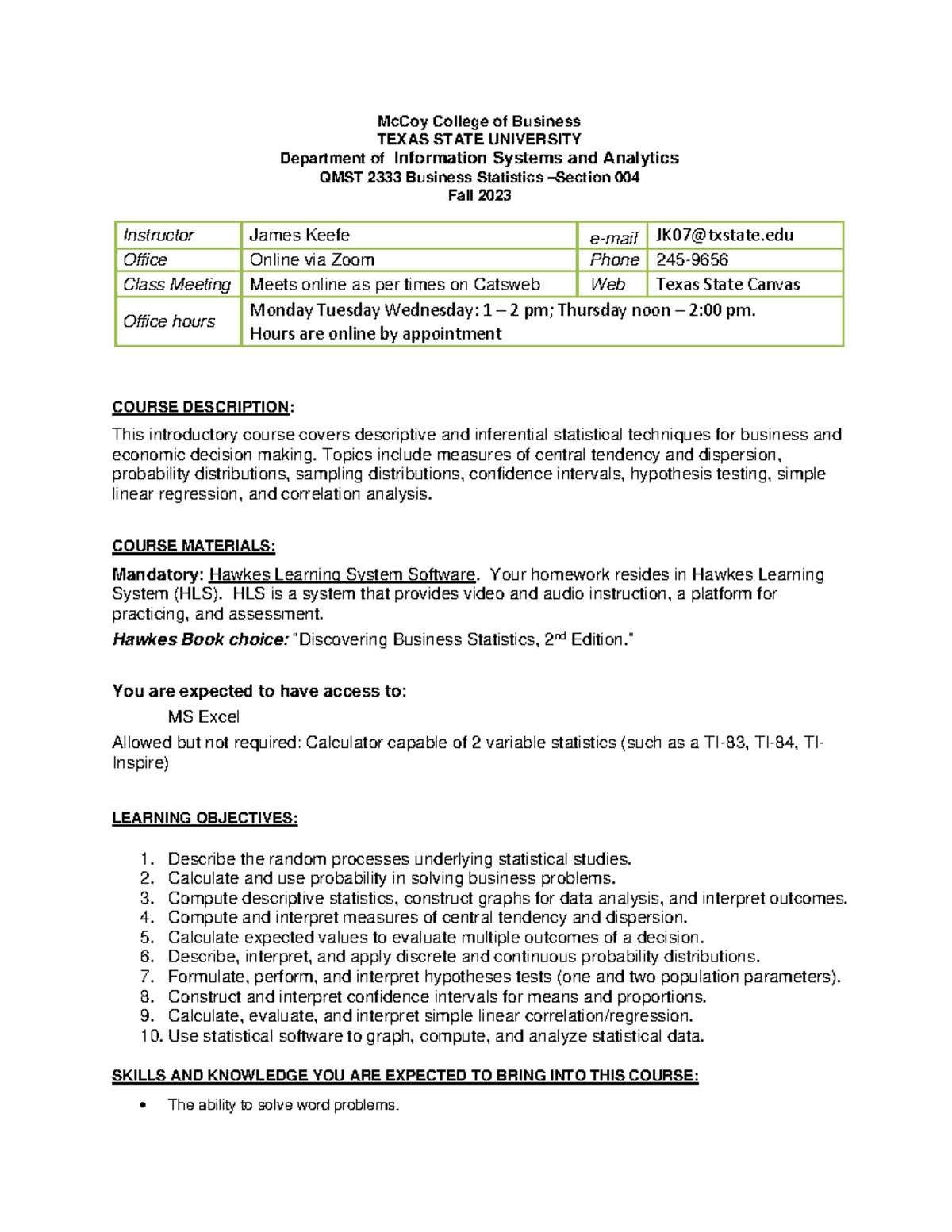 Business Statistics Course at McCoy College of Business Texas State ...
